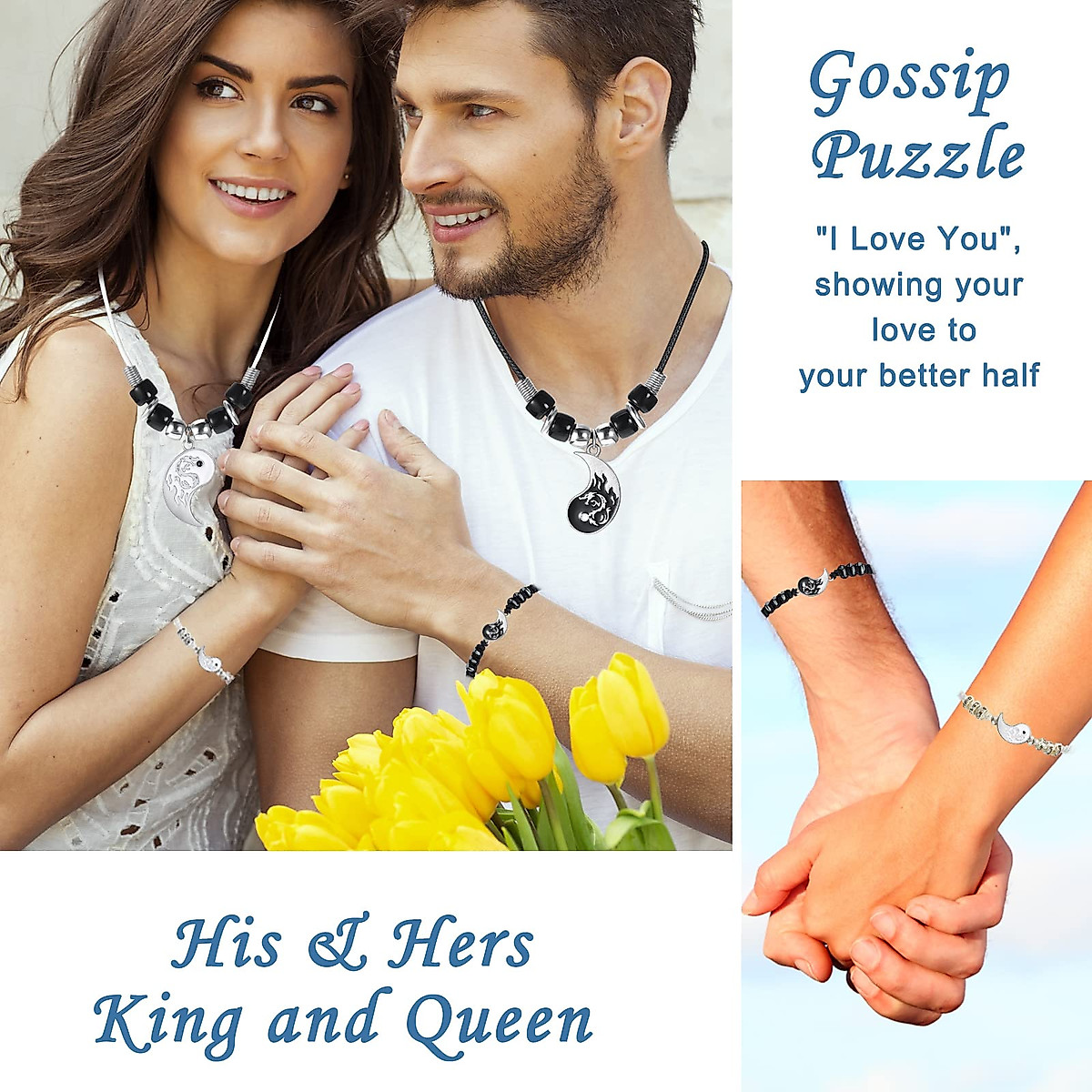 8 Pieces Matching Yin Yang Pendant Necklace Bracelet Set Couple Necklace Adjustable Cord Bracelet Black White Bracelet Accessories for BFF Friendship (Chic Style)