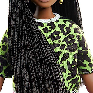 Barbie Fashionistas Doll #144 with Long Brunette Braids Wearing Neon Green Animal-Print Top, Pink Shorts, White Sandals & Earrings, Toy for Kids 3 to 8 Years Old