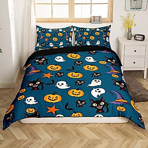 Feelyou Halloween Theme Duvet Cover Horror Pumkin Bedding Set for Kids Boys Girls Cute Ghost Comforter Cover Black Cats Bats Bedspread Cover Bedroom Collection 2Pcs Toddler Size,No Comforter