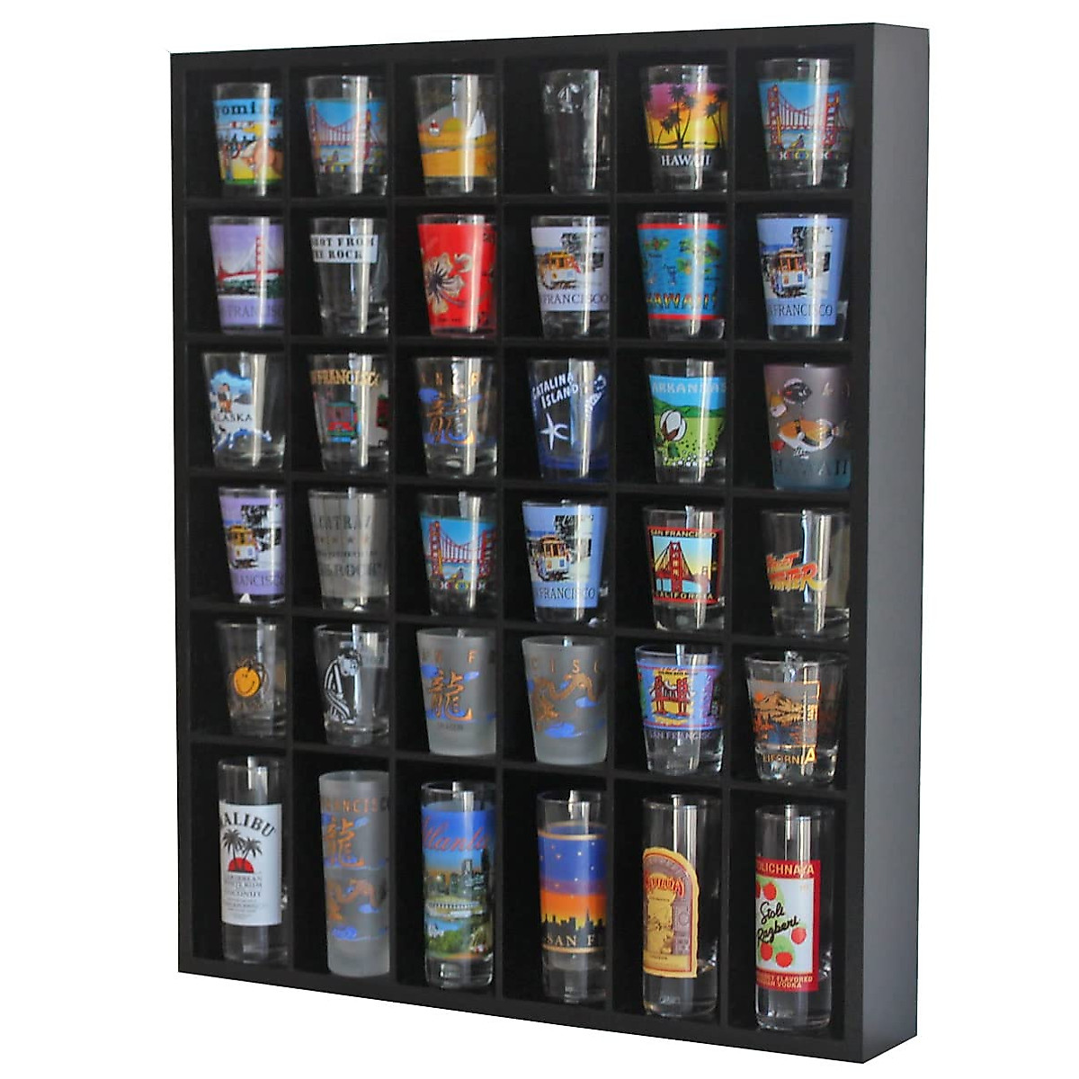 Black Shot Glass Display Case 36 Slots Minifigures Thimble Collection Display Rack Freestanding - No Door (with 1 Row for Tall Shooters)