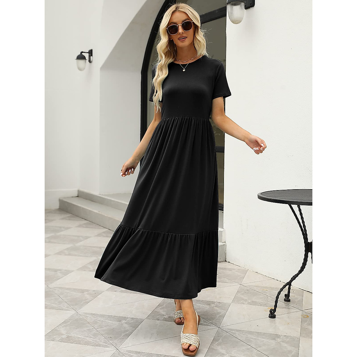 LILLUSORY Womens Short Sleeve Crew Neck Tiered Flowy Swing Midi Dresses with Pockets Black