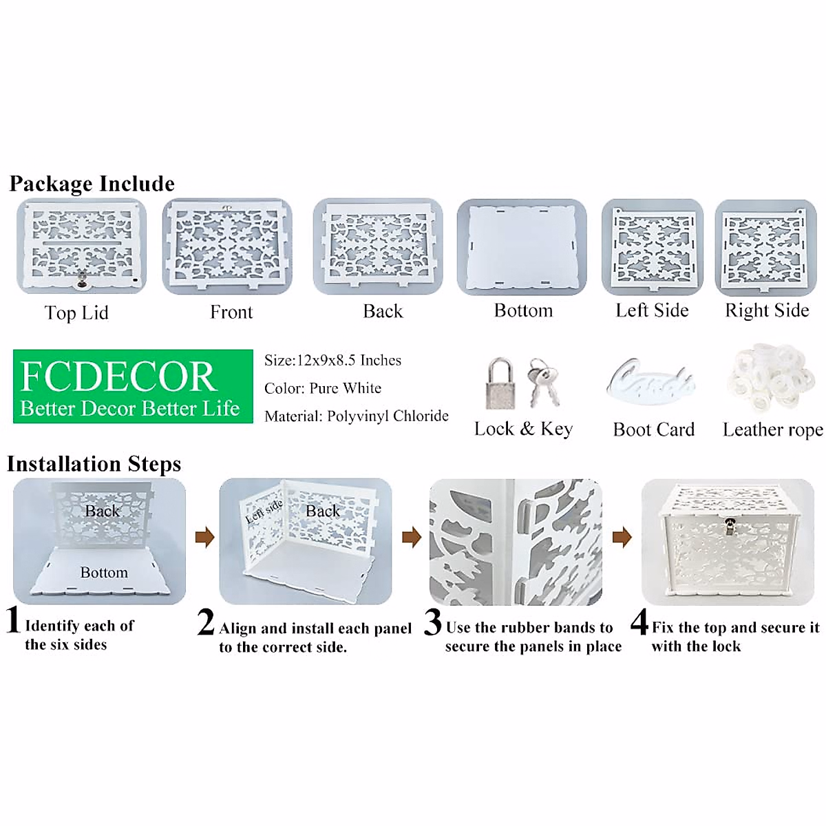 FCDECOR 12" Wedding Card Box with Lock, White Gift Wedding Card Boxes for Reception Money Holder with Card Sign for Wedding Decorations, Baby Showers, Birthdays, Bridal or Graduation Party Supplies