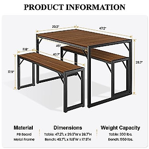 SHA CERLIN 3-Piece Dining Table Set with 2 Benches, Rustic Kitchen Table Set for 4-6, Space-Saving Dinette, Sturdy Structure, Easy Assemble, Walnut/Black