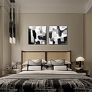Pigort Black and White Abstract Hand-Painted Wall Art Decor - 2 Piece Set, Grey Decorative Framed Black & White Abstract Canvas Art for Living Room, Bedroom, Office Home Decor & Gift 24x24Inch