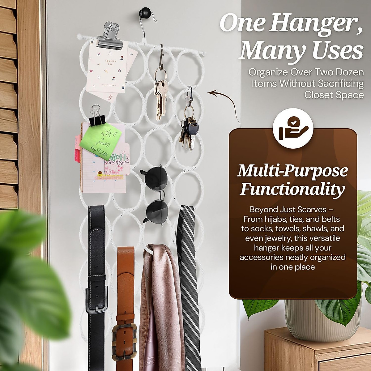 Flexzion Scarf Organizer for Closet - 28 Slot Scarf Hanger Hijab Organizer, Space Saver for Socks, Shawls, Ties, Towels, Belts, Multi Purpose Hanging Rack Storage, 2 Pack Colors May Vary