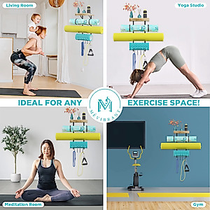Yoga Mat Holder Wall Mount - 3 Tier Rack and 1 Wood Shelf with 4 Hooks - Ideal Storage Organizer for Home Gym Equipment and Workout Exercise Accessories and Easy to Install
