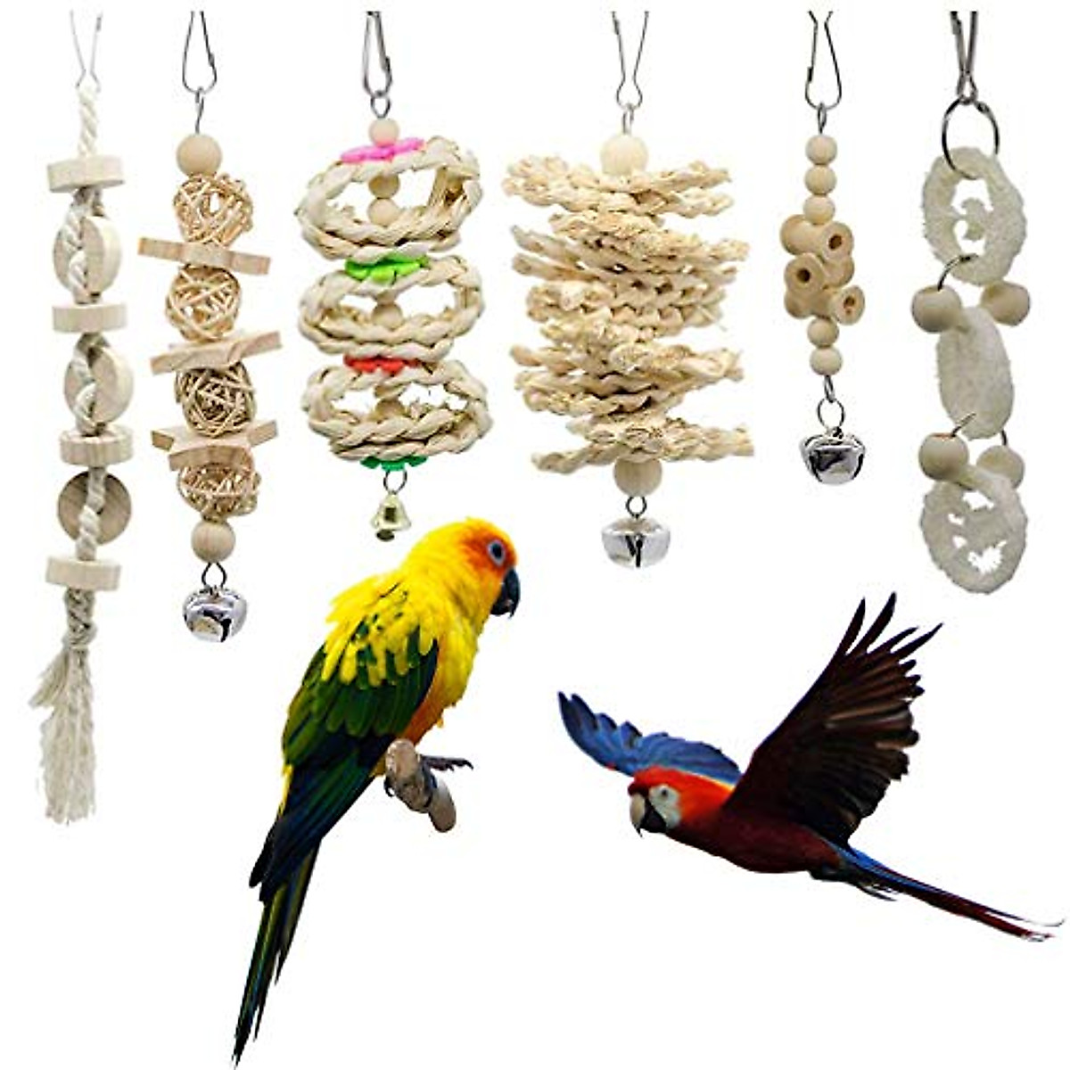 VolksRose 7 Packs Bird Parrot Swing Chewing Toys, Hanging Hammock Bell Pet Bird Climbing Stand Cage Toys Suitable for Small Parakeets, Cockatiels, Conures, Budgie, Macaws, Parrots, Mynah, Love Birds