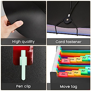 Sooez 24 Pockets Expanding File Folder with Blank Labels, According File Organizer with Expandable Cover, Desktop Accordion Folders Letter A4 Paper Document Storage Organizer, Black