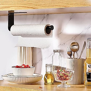 Paper Towel Holders, JJOO Stainless Steel Paper Towel Holder Under Cabinet, Wall Mount Hanging Paper Towel Holder for Kitchen, Available for Both Self-Adhesive or Drill mounting (Black)