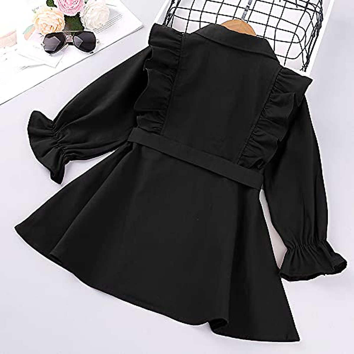 IZYJOY Toddler Baby Girl Fall Trench Coat Double Breasted Ruffle Trim Belted Winter Long Sleeve Casual Windbreaker Jacket (Black, 5-6X)