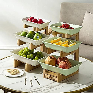 GENDLTHIJ 3 Tier Ceramic Fruit Bowls for Kitchen Fruit Basket for Kitchen Counter, Ceramic Fruit Serving Tray with Bamboo Stand, for Fruit Vegetable Snack Dessert (Three Tier White with Drawer)