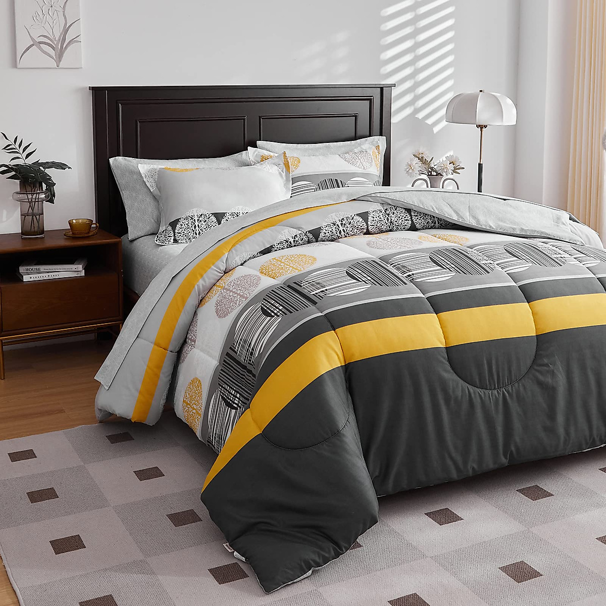 Stripes Bed in a Bag Queen Size 7 Pieces Black Gray Yellow Comforter Sheet Set with Circles All Season Bed Comforter Set (1 Comforter 2 Pillow Shams 1 Flat Sheet 1 Fitted Sheet 2 Pillowcases)