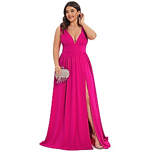 Ever-Pretty Summer Maxi High Slit Pleated Sleeveless Plus Size Formal Dresses for Curvy Women Hot Pink US16
