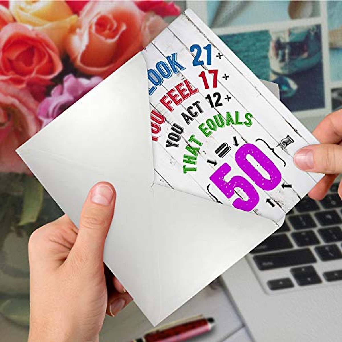 NobleWorks - 50th Funny Milestone Birthday for Men and Women, Celebrate and Congrats Notecard with Envelope - Age Equation 50 Birthday C7195MBG