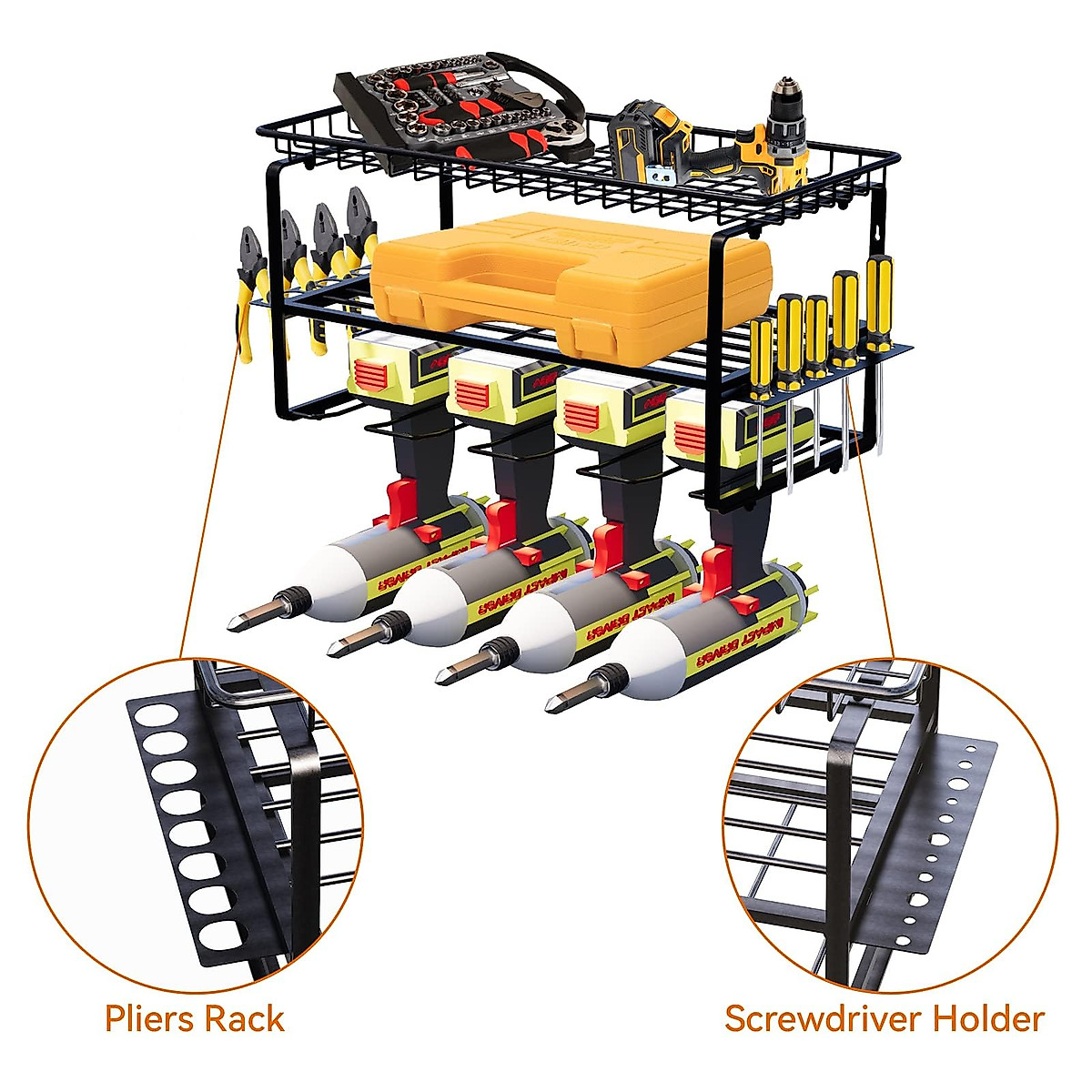 Grandhom Power Tool Organizer,Cordless Drill Rack Wall Mount,Drill Holder with 4 Drill Hanging Hooks,3 layers Metal Drill Storage Rack with Screwdriver Holder and Pliers Rack,Black