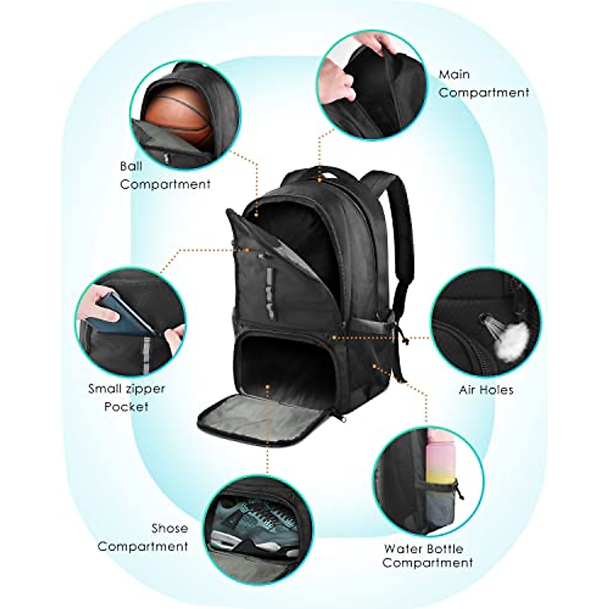 BROTOU Soccer Bag, Basketball Backpack with Ball Compartment, Soccer Backpack for Basketball/Volleyball/Football, Large Capacity Sports Equipment Bags for Men/Women (Black new)