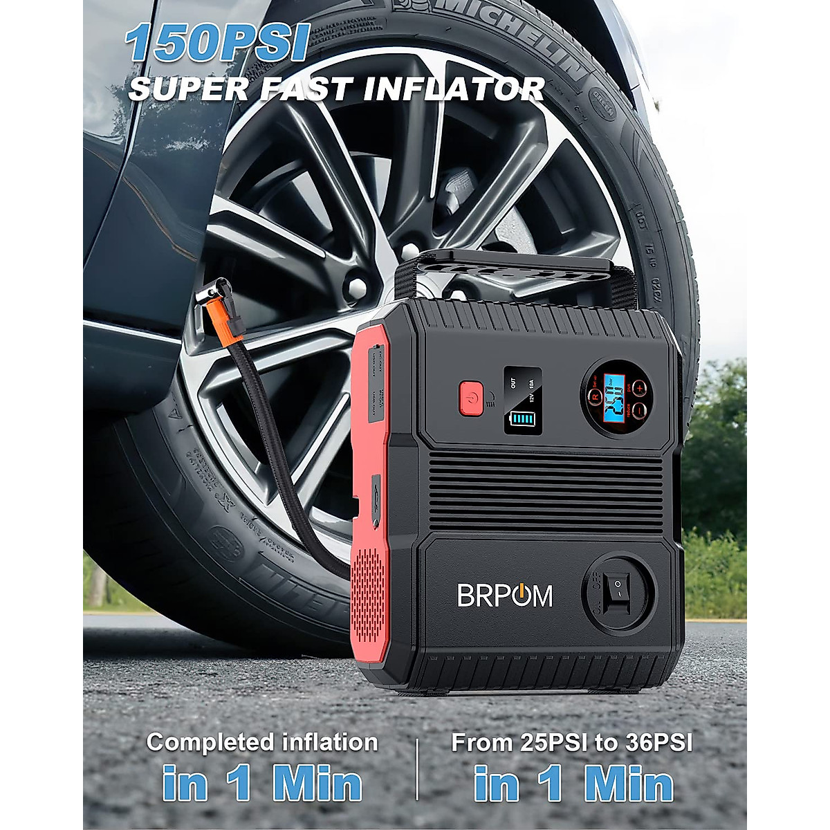 Car Jump Starter with Air Compressor, 150PSI 7000A Peak 24000mah (Up to All Gas or 8.0L Diesel Engine, 50 Times) Portable Jump Starter 12V Auto Battery Jump Pack QC 3.0 with 160W DC Out