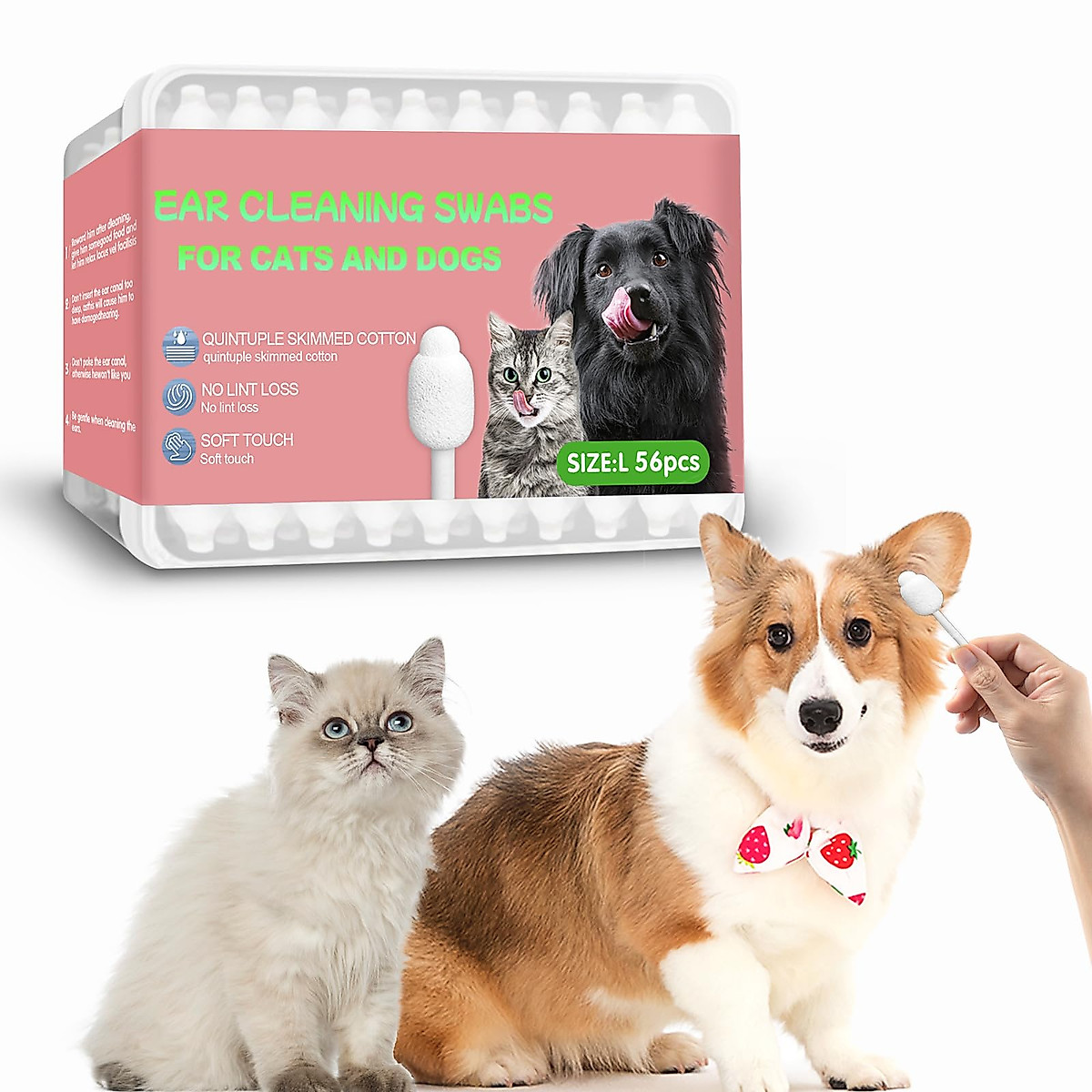 Dog ear cleaner, Dog ear infection treatment,Gourd-shaped cotton swabs designed specifically for cats and dogs, Reducing the risk of injuring the ear canal, for a safer and more reassuring use.