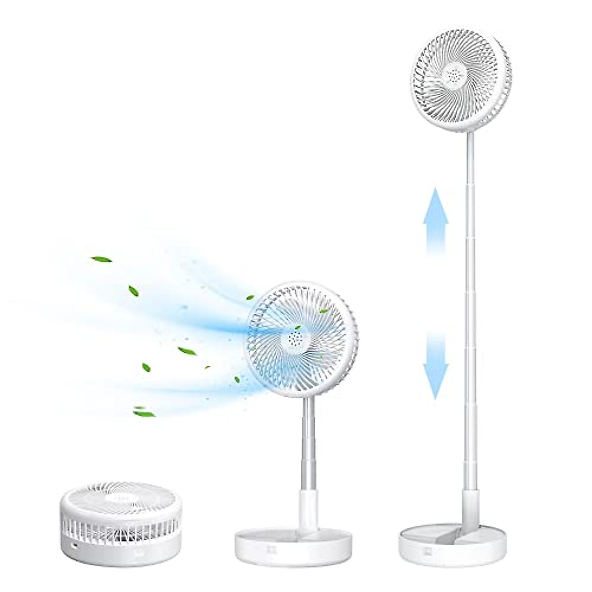 RUNZI Desk and Table Fan,5400Mah USB Powered Pedestal Fan,Foldable and Adjustable Height Air Circulator Flool Fan for Outdoor, Courtyard, Beach,Travel, Room,4 Speed Settings (White)