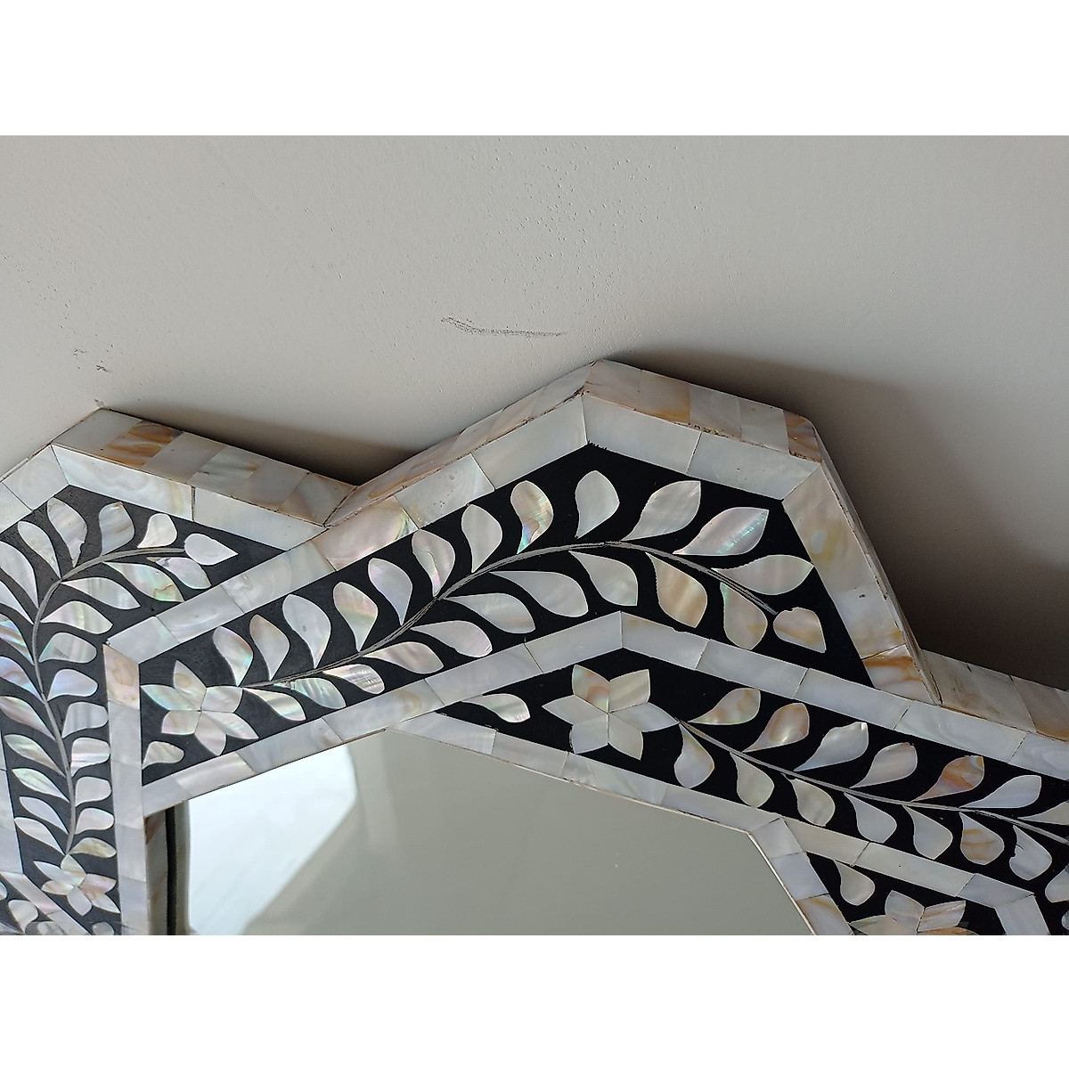 Handmade Mother Of Pearl Inlay Hexagonal Black Floral Pattern Mirror Frame | Handmade MOP Inlay Mirror Frame For Home Decor
