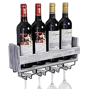 Satauko Wooden Wine Rack for 4 Long Stem Glass Storage, Wall Mounted Wine Bottle Holder for Living Room Display, Rustic Floating Wine Shelf Organizer for Home Kitchen Décor.(Gray)