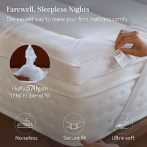 Double Stitch Cooling Mattress Topper - Soft 300 Thread Count Tencel Lyocell Cotton Blend, Elastic Straps Stretch Up to 21 Inch, Breathable Down Alternative Fill Pillowtop Mattress Pad - King