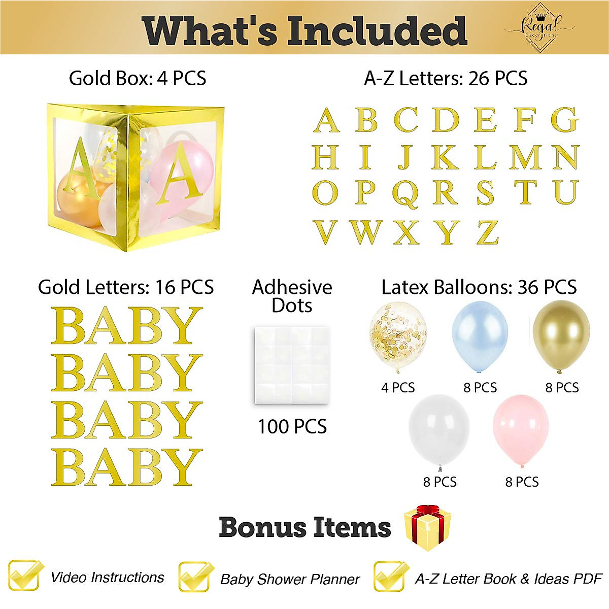 82 PCS Gold Neutral Baby Shower Decorations for Boy or Girl - Jumbo Transparent Baby Block Balloon Boxes, BABY, A - Z Letters DYI Gold White Pink Blue Balloons | Gender Reveal Party Supplies Birthday