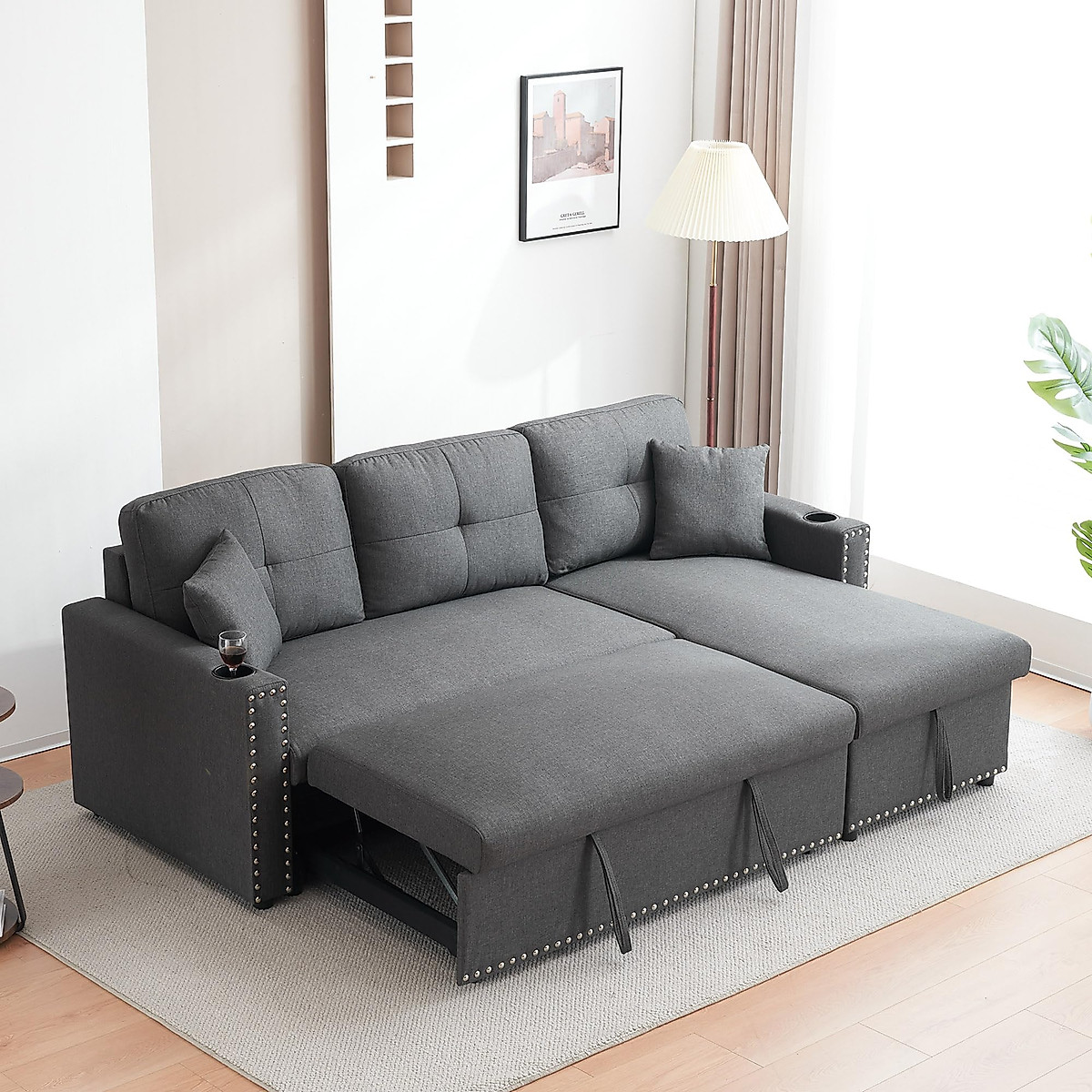 Payeel L Shape Sleeper Sectional Sofa with Storage Chaise Lounge, 83" Pull Out Convertible Sofa Bed with Cup Holder, 3 in 1 Sofa Sleeper Couch for Living Room, Apartment