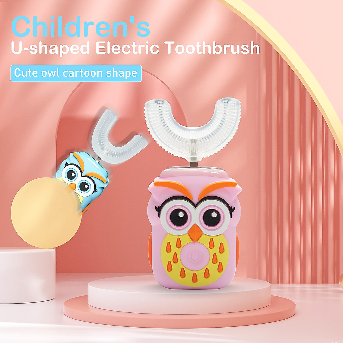 Kids U Shaped Electric Toothbrush 5 Models 4 Replacement Head Wireless Charging Children's Toothbrushes,Suitable for Toddlers 1-2 Years Old and Children 2-12 Age(Pink)