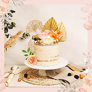 Flower Cake Toppers Boho Cake Decorations Happy Birthday Cake Toppers with Artificial Rose Gold Palm Leaves Ginkgo Leaves and Balls for Mother's Day Birthday Party Wedding Baby Shower