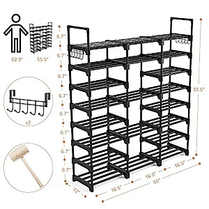 VTRIN Shoe Rack Shoe Organizer 8 Tiers Shoe Rack for Entryway Holds 46-50 Pairs Shoe and Boots Shelf Organizer Storage Organizer Durable Metal with Versatile Hooks Wooden Hammer for Bedroom Black
