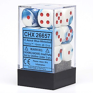 Chessex Dice d6 Sets: Gemini Astral Blue / White with Red - 16mm Six Sided Die (12) Block of Dice