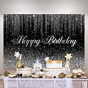 5×3ft Black Silver Bokeh Birthday Backdrop Silver Confetti Sweet 16 30th 40th 50th 60th 70th Bday Party Banner Decorations Happy Birthday Photography Background for Adult Party Photo Studio Props