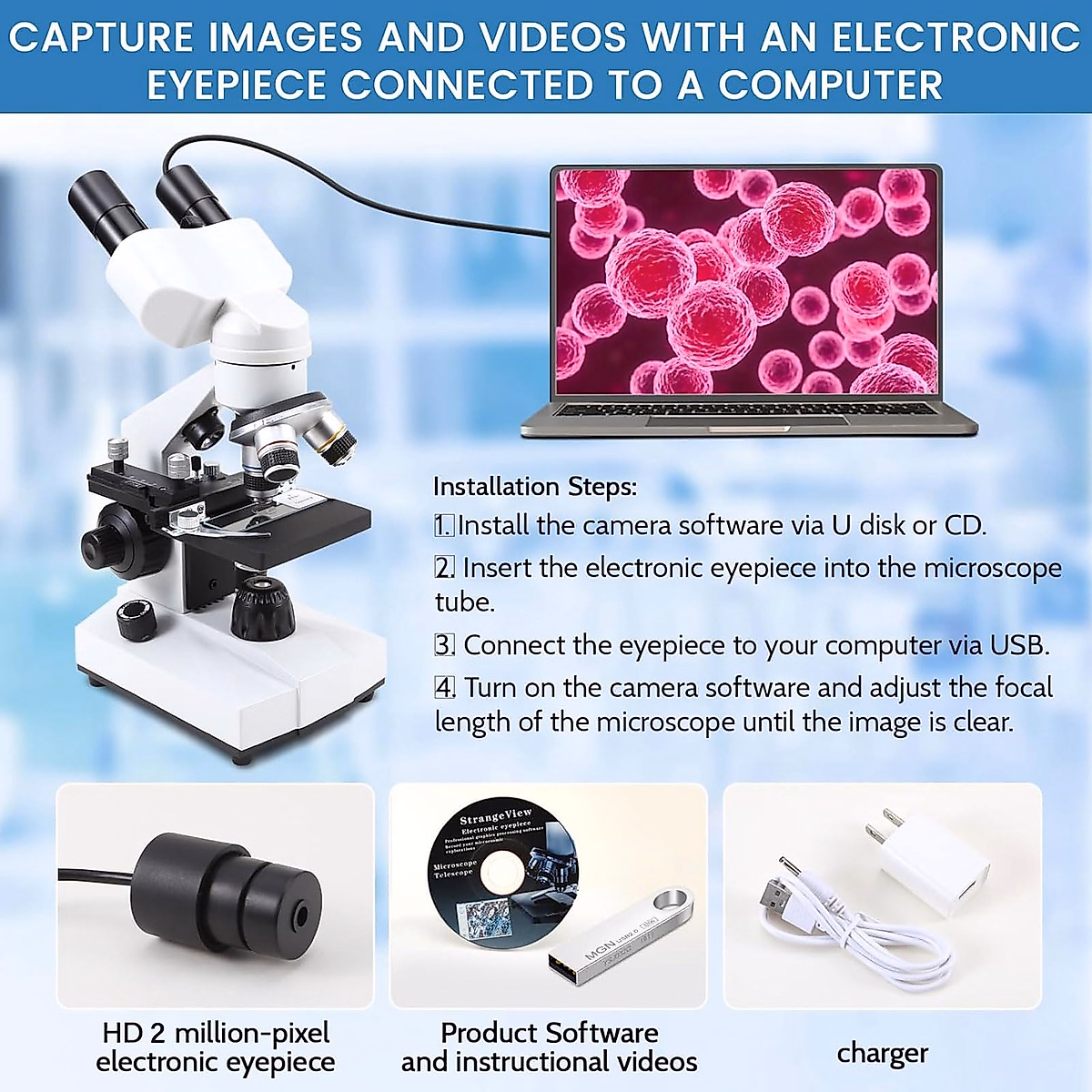 Crspexil Compound Binocular Microscopes 40X-2000X with 2.0 mp Camera, with Microscope Prepared Slides 30p,for Kids Students Adults,Microscope Accessories, Phone Adapter