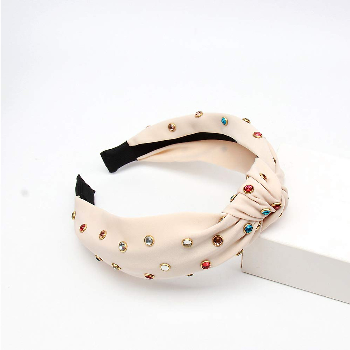 FEDANS Knot Headbands for Women Knotted Pearl Colorful Rhinestone Jeweled 2 Pcs Beaded Wide Band Fashion Headbands For Girl Bohemian Hairband