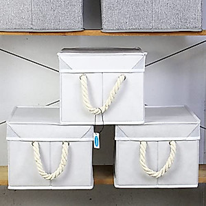 Casaphoria 3pcs Cube Collapsible Fabric Storage Bins with Rope Handles,Thicker Foldable Rectangular Canvas Storage Box with Lid for Shelves Organizing,Closet Storage Baskets Stackable for Wardrobe