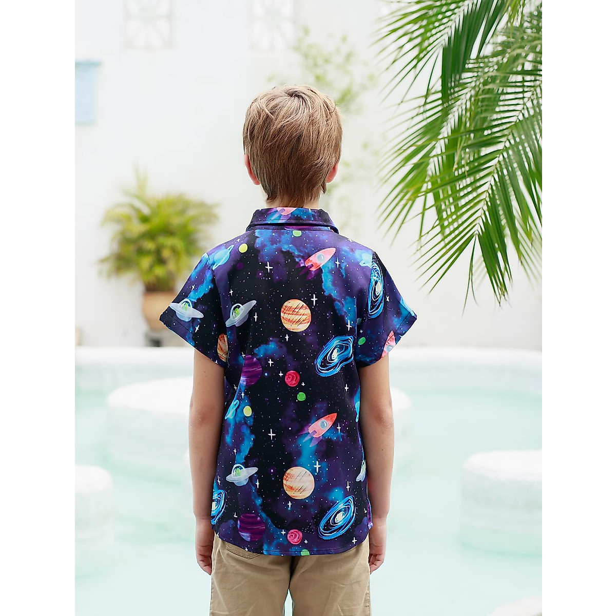 RAISEVERN Big Boys Cotton Dress Shirt Casual Galaxy Button Down Short Sleeve Cartoon Planets Print Cool Sports T-Shirt(9-10 Years)