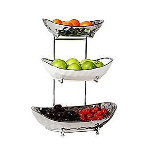 Acliys Fruit Bowl, 3 Tier Ceramic Fruit Basket, 3 Tier Serving Stand Serving Bowl with Metal Rack, Porcelain Kitchen Bowls for Fruit Vegetable Storage Snack Nuts Dessert Cake Tray for Party Wedding