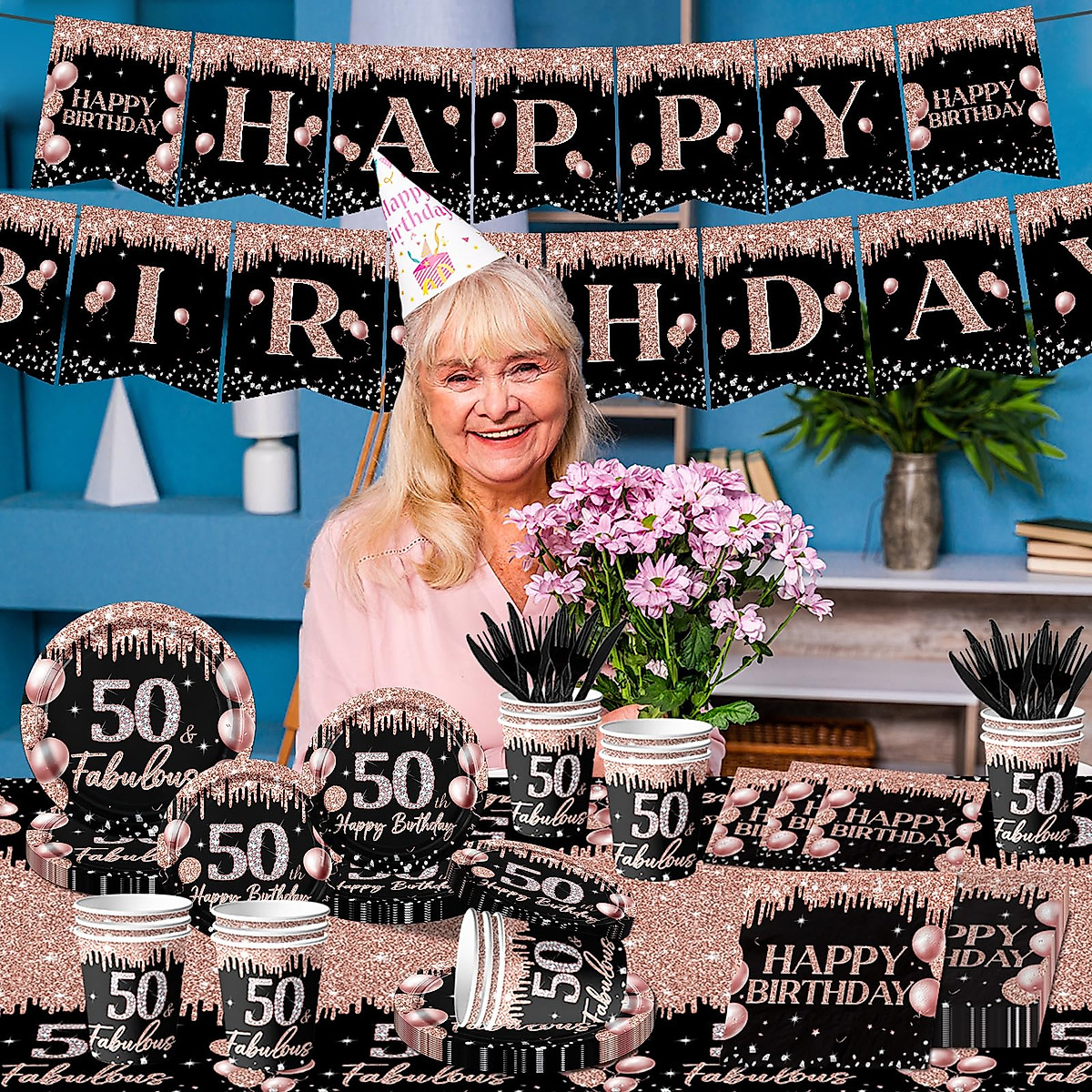 142Pcs 50th Birthday Tableware Decorations,Black Rose Gold Tableware Set 50th Birthday Plates and Napkins Cup Rose Gold Tablecloth Happy Birthday Banner for Women Birthday Disposable Supplies Serve 20