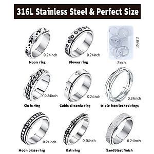 MUCAL Fidget Rings for Anxiety 8pcs Stainless Steel Spinner Ring Anti Anxiety Ring Spinning Moon Star Cool Stress Relieveing Rings for Women Men