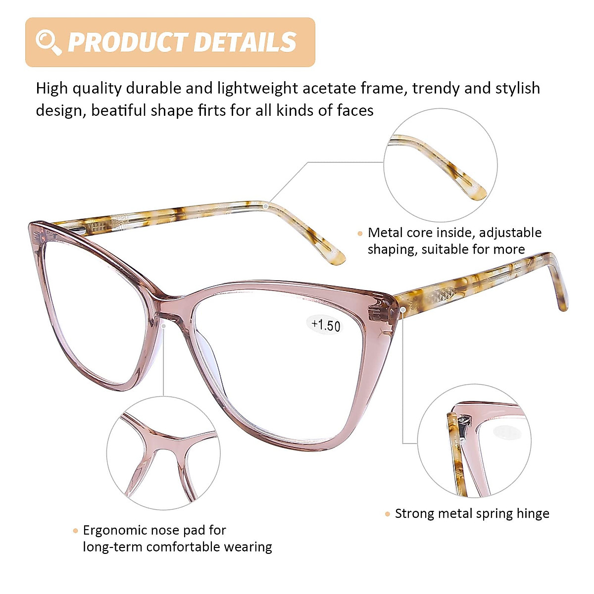 DOOViC Computer Reading Glasses Blue Light Blocking Anti Eyestrain Fashion Cat Eye Spring Hinge Readers for Women 1.5 Strength