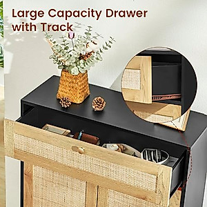 Iwell Storage Cabinet with Adjustable Shelf, Rattan Cabinet with Large Drawer, Accent Cabinet for Dining Room, Entryway, Living Room, Black