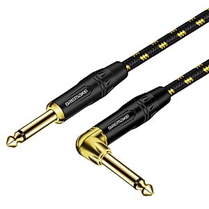 DREMAKE 1/4 Guitar Amp Straight to Right Angel Patch Cord, 3 Feet Quarter Inch Cable Black/Yellow Braided Tweed, Jack 6.35mm 1/4 Inch Guitar Cable for Electric Guitar, Bass, Keyboard to PA Certified