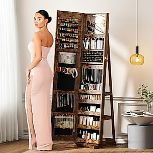 SDHYL Mirror Jewelry Cabinet Standing, 360° Swivel Mirror with Storage Full Length with Jewelry Storage,Jewelry Organizers and Storage Makeup Storage with Lock, Best Gift for Wife & Girls, 63"x15"