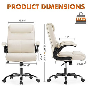 Sweetcrispy Ergonomic Executive Office Chair: Desk Chair with Wheels Mid Back Computer Chair with Lumbar Support Height Adjustable PU Leather Office Chair Flip Up Arms, Beige White