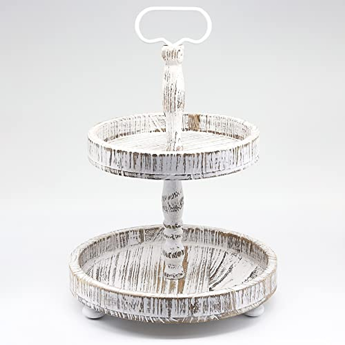 2 Tiered Tray Stand for Decor, Rustic Wooden Farmhouse Decorative Tray for Home Coffee Table Kitchen Counter by Witsbrez (White Wash)