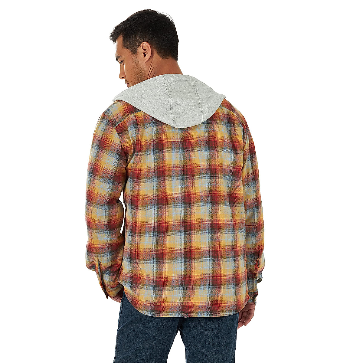 Wrangler Authentics Men's Long Sleeve Quilted Lined Flannel Shirt Jacket with Hood, Red/Yellow, Medium