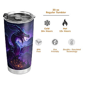 20oz Mythical Dark Dragon Tumbler, Gaming, Gamers Gifts for Dragon Lovers, Coffee Thermos for Men, Stainless Steel Double Wall Vacuum Insulated Coffee Mug, Travel Cup with Lid