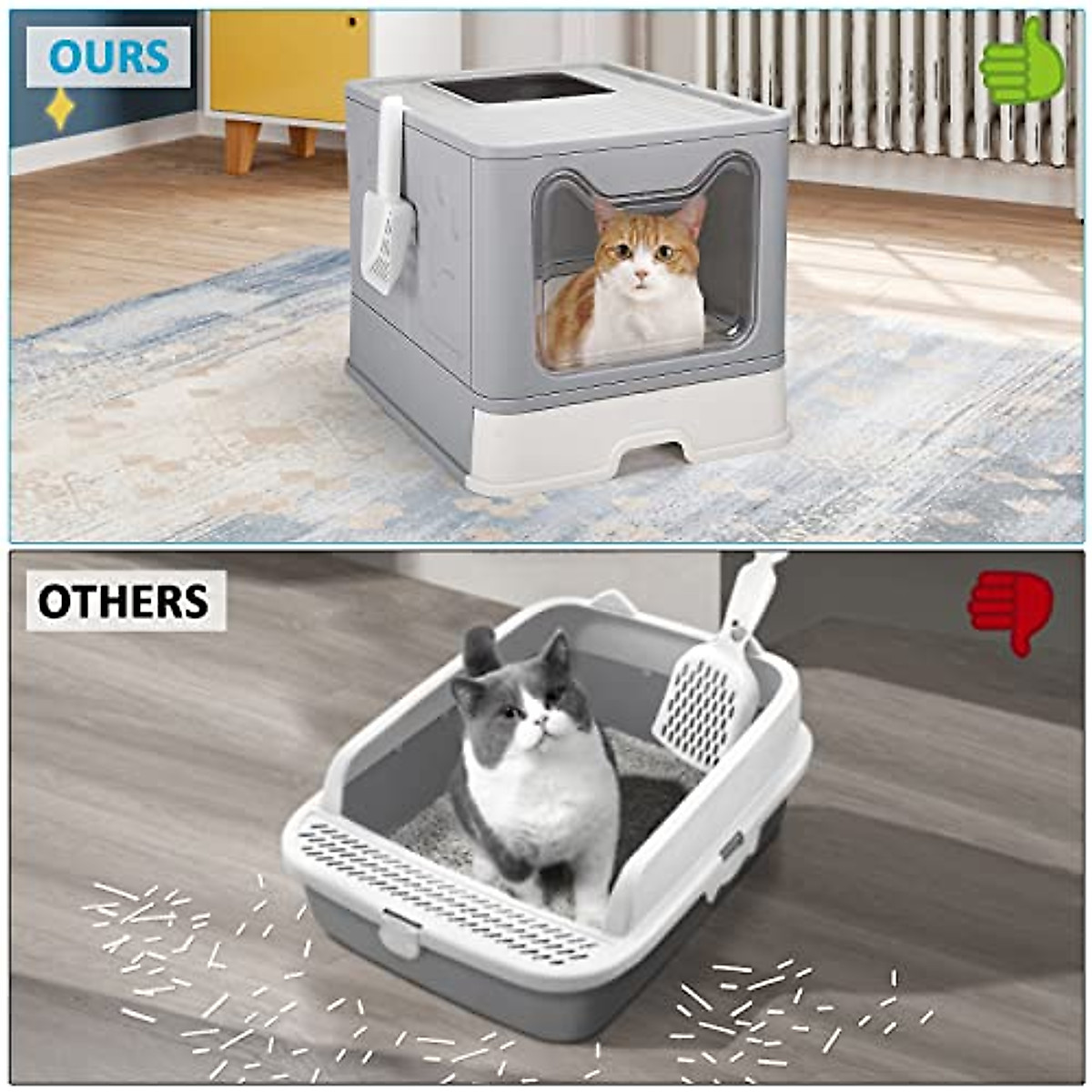 DricRoda Foldable Cat Litter Box with Scoop and Drawer, Large Detachable Cat Litter Box with Double Doors