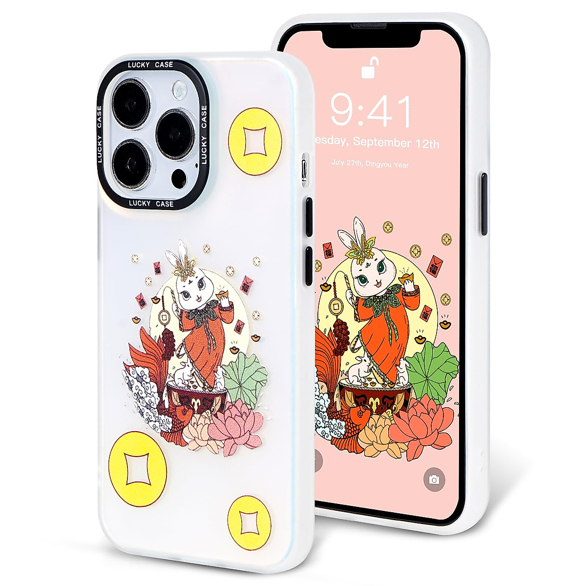 Lao Lin Arts，Compatiable for iPhone Case,Golden Dazzle Phone Case,Change Color with Light,Drop-Proof Phone Case,No Fingerprints,Rabbit, (iPhone 13)